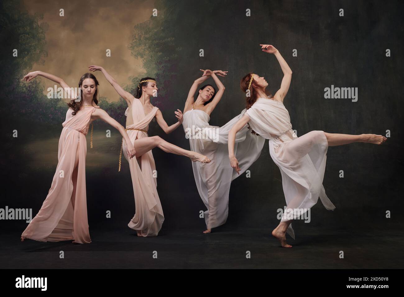Charming, artistic ballerinas dancing against vintage studio background ...