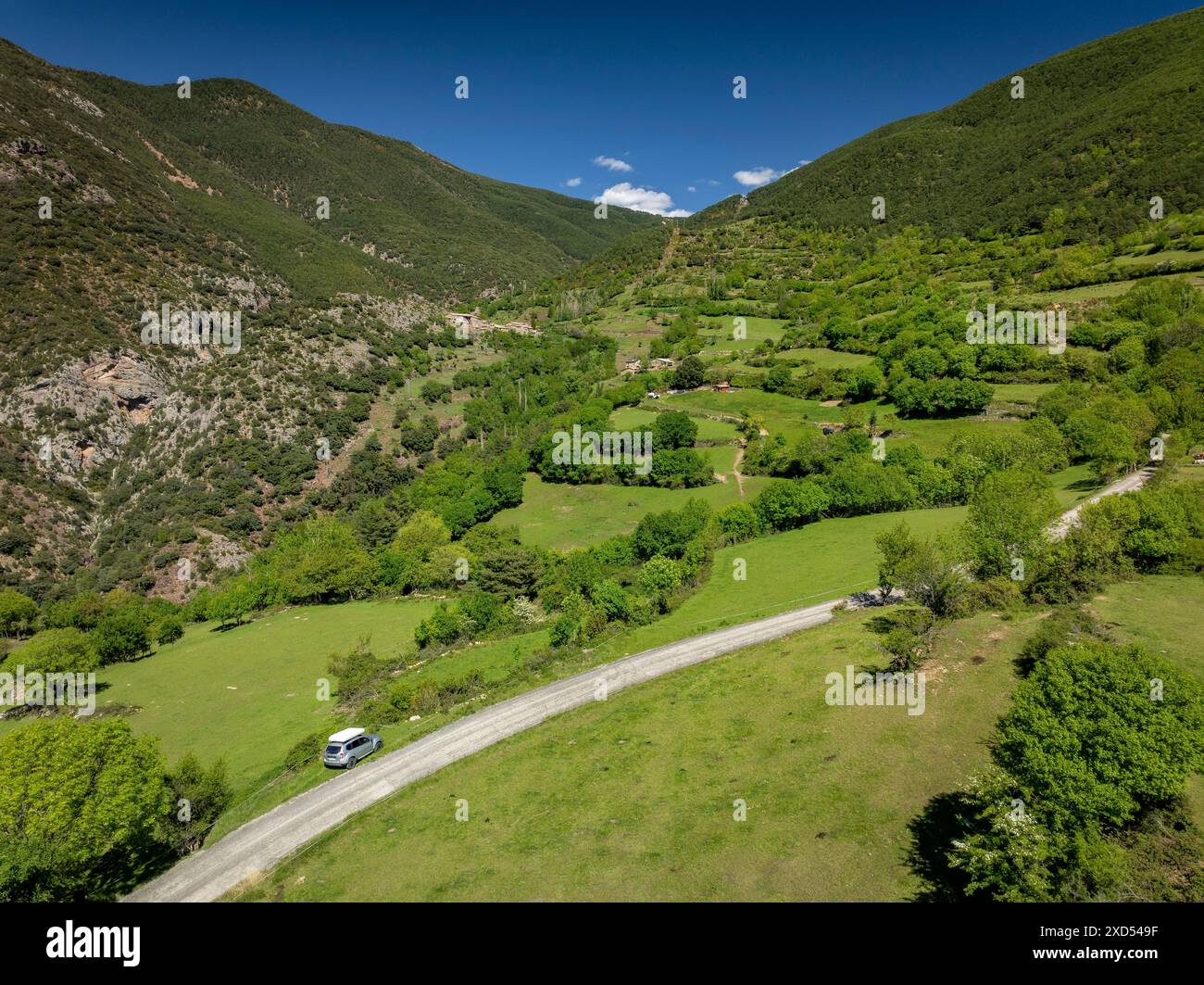 Aerial view of the rural surroundings near Baén, in Baix Pallars, in ...