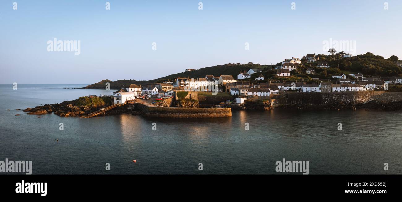 Aerial landscape of the quaint Cornish fishing village of Coverack in ...