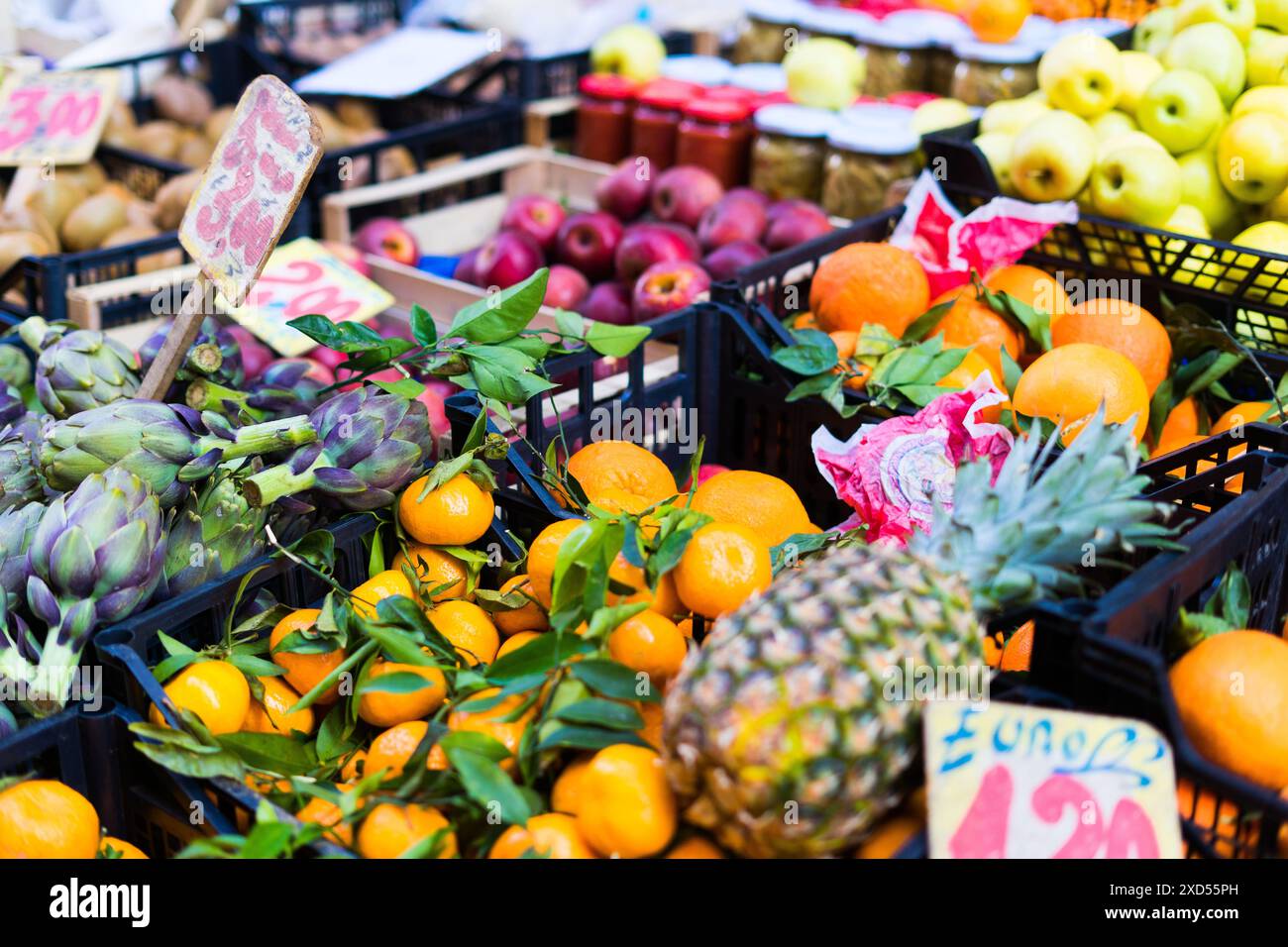 Open air market in Italy, different fruit. Madeira's fruits, pineapple ...