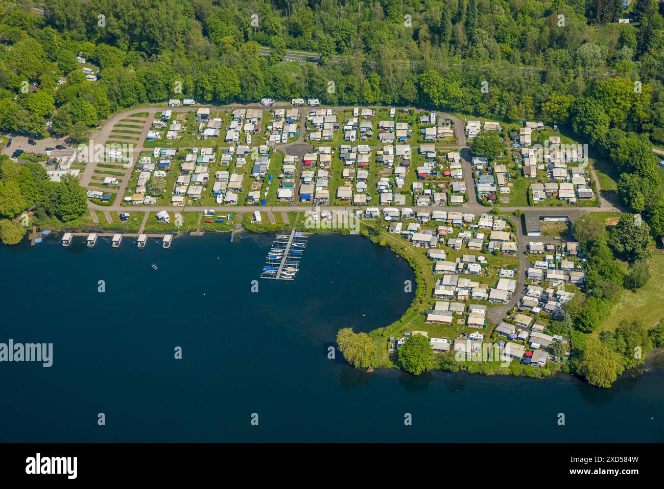 Aerial view, leisure activities at Unterbacher See, houseboats at ...