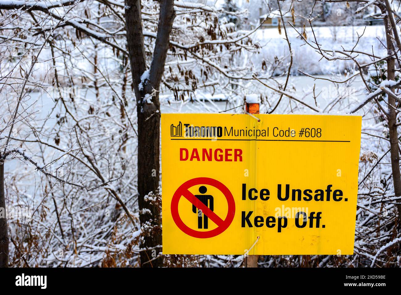 Sign marking an Ice Unsafe area, Keep Off warning, public park, Toronto ...
