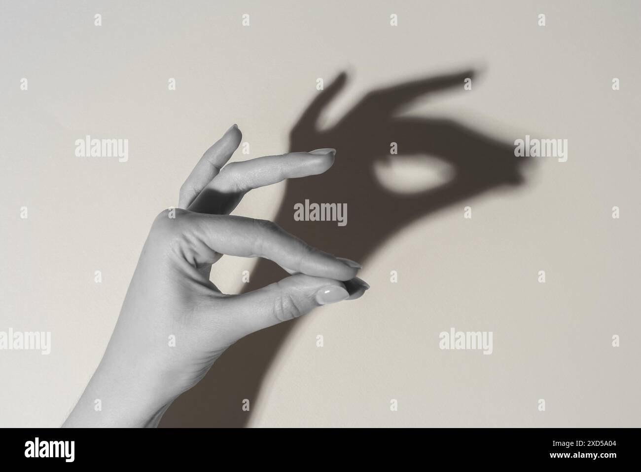 Shadow puppet. Woman making hand gesture like llama on light background ...