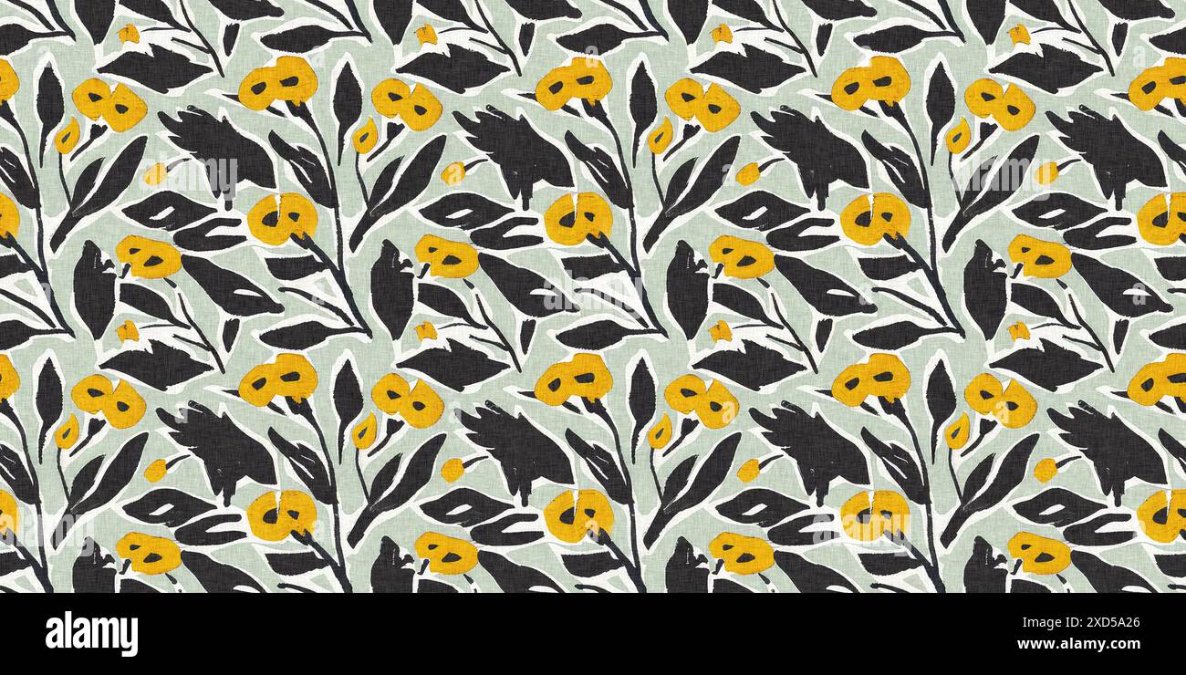 Modern printed fabric flower block print pattern with linen texture ...