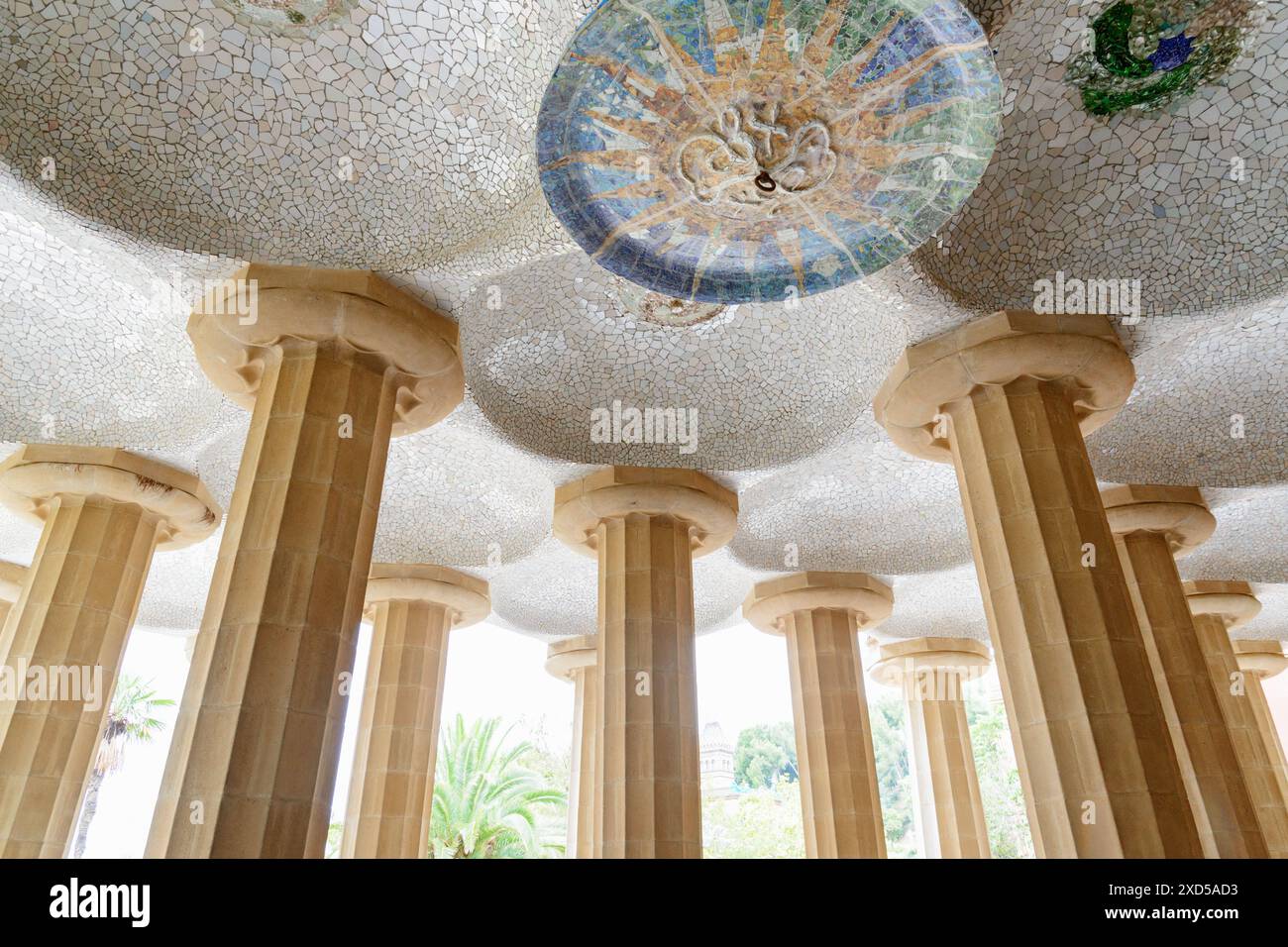 Awesome ceiling of hypostyle hall (Sala Hipostila) at the Park Guell in ...