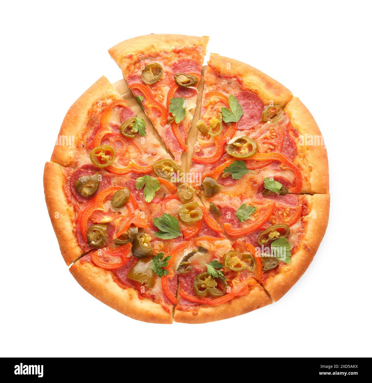 Delicious hot pizza Diablo isolated on white, top view Stock Photo - Alamy