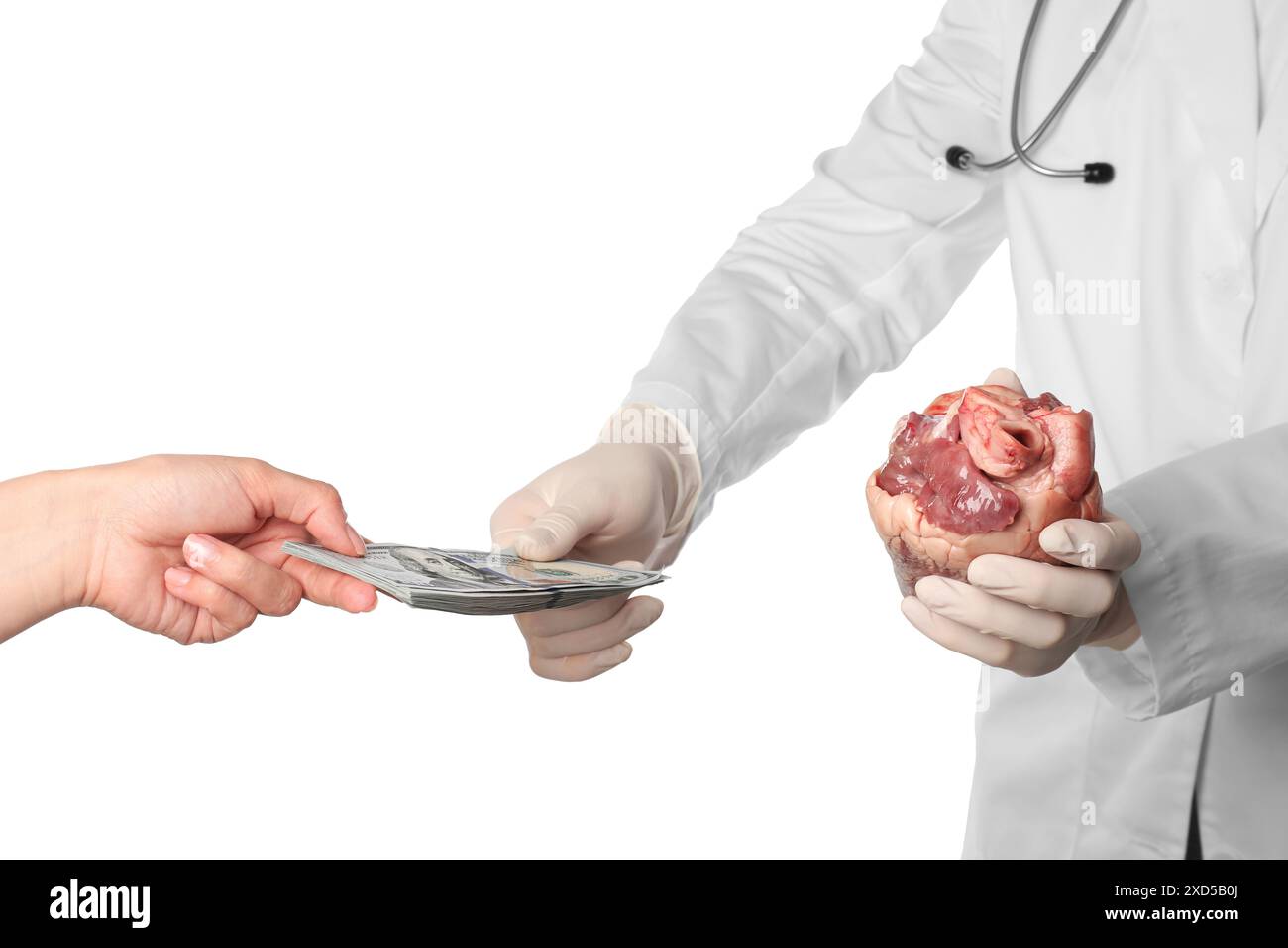 Patient giving dollar banknotes to doctor with heart on white ...