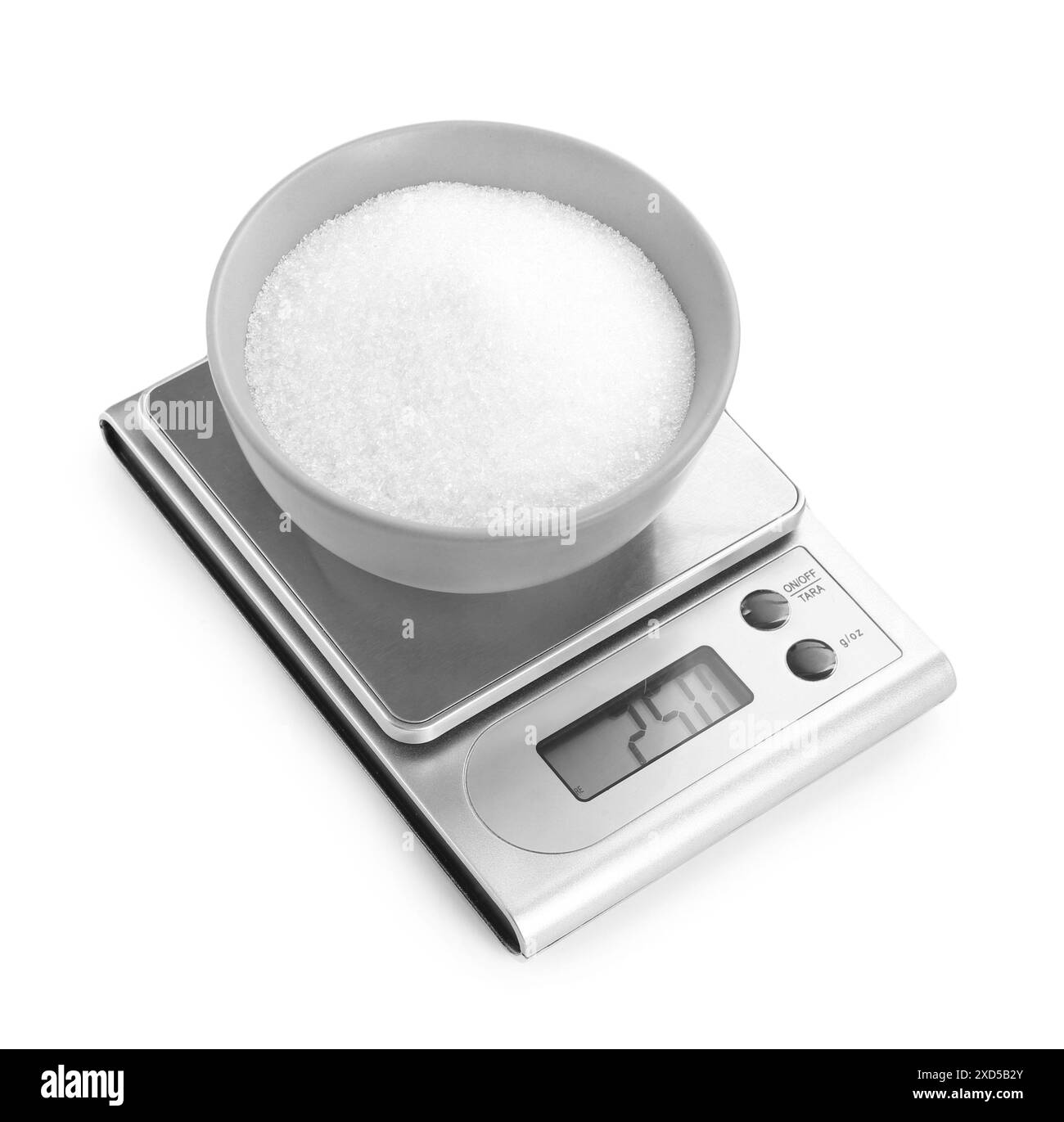 Kitchen scale with bowl of sugar isolated on white Stock Photo - Alamy