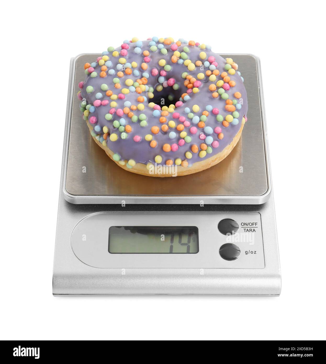 Kitchen scale with donut isolated on white Stock Photo - Alamy