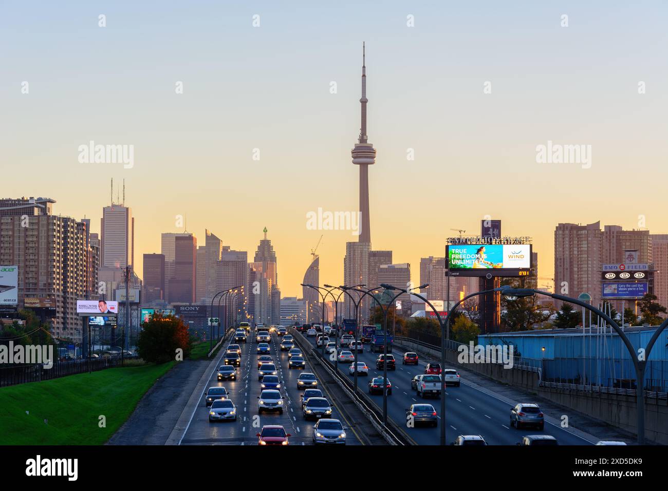 Toronto cityscape by the Gardiner Expressway during dawn hours, Ontario ...