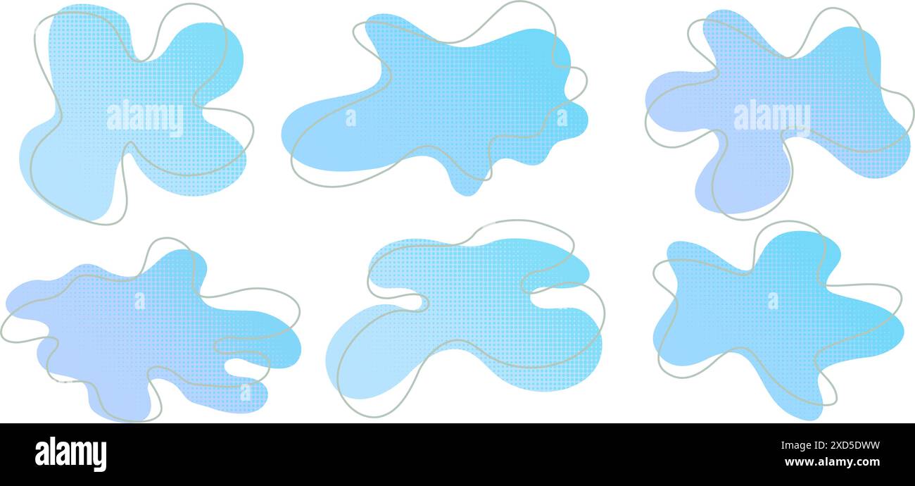 Blue liquid halftone drops water shapes set, splashes collection. Paint ...