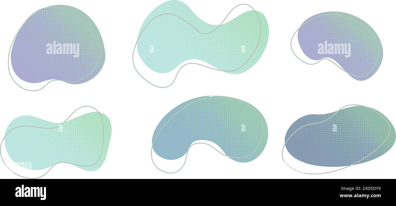 Blue liquid halftone drops water shapes set, splashes collection. Paint ...