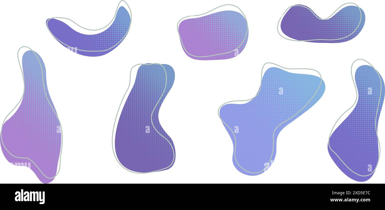 Blue liquid halftone drops water shapes set, splashes collection. Paint ...