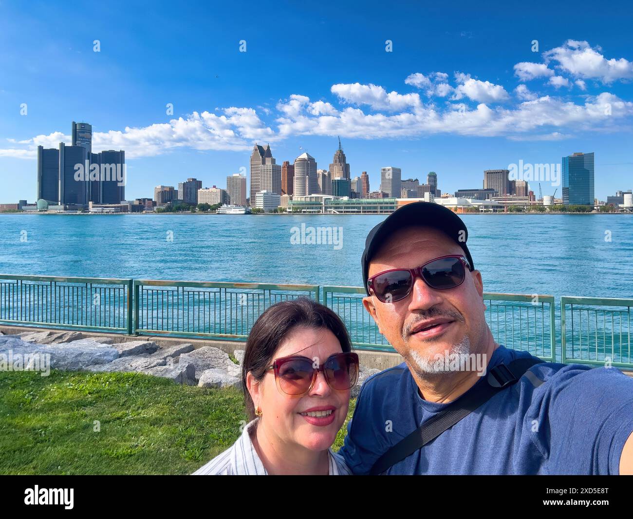 Selfie portrait of tourists in Windsor riverfront or waterfront, Ontaio ...