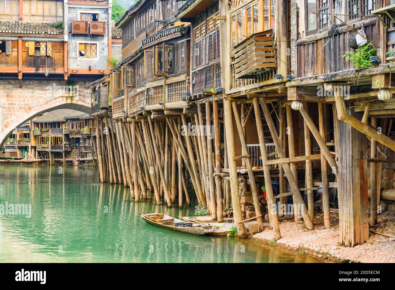 Awesome view of old authentic traditional Chinese wooden riverside ...