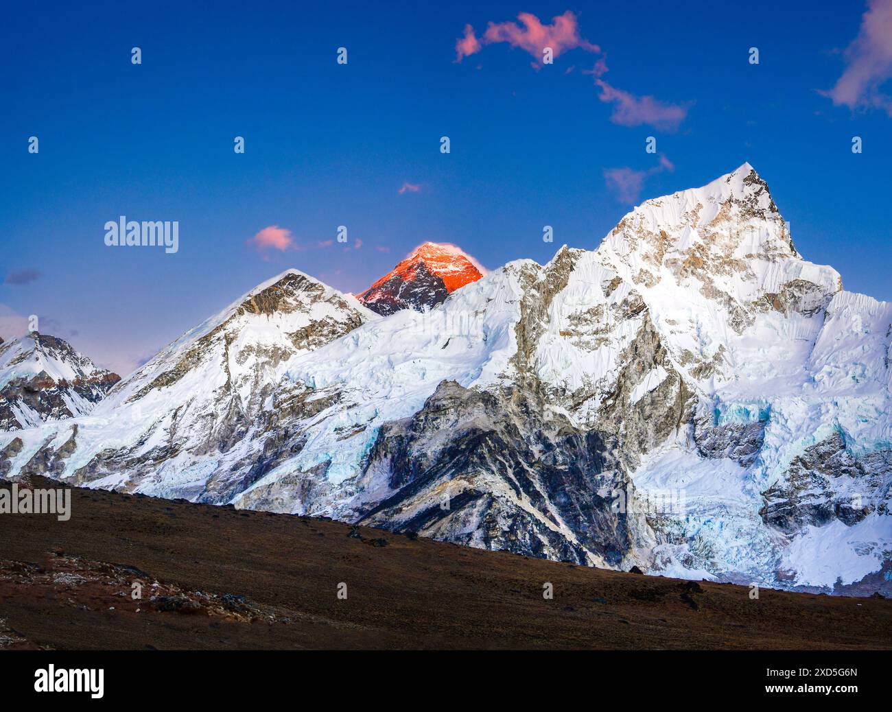 Close up Evening colored view of Mount Everest. Khumbu valley ...