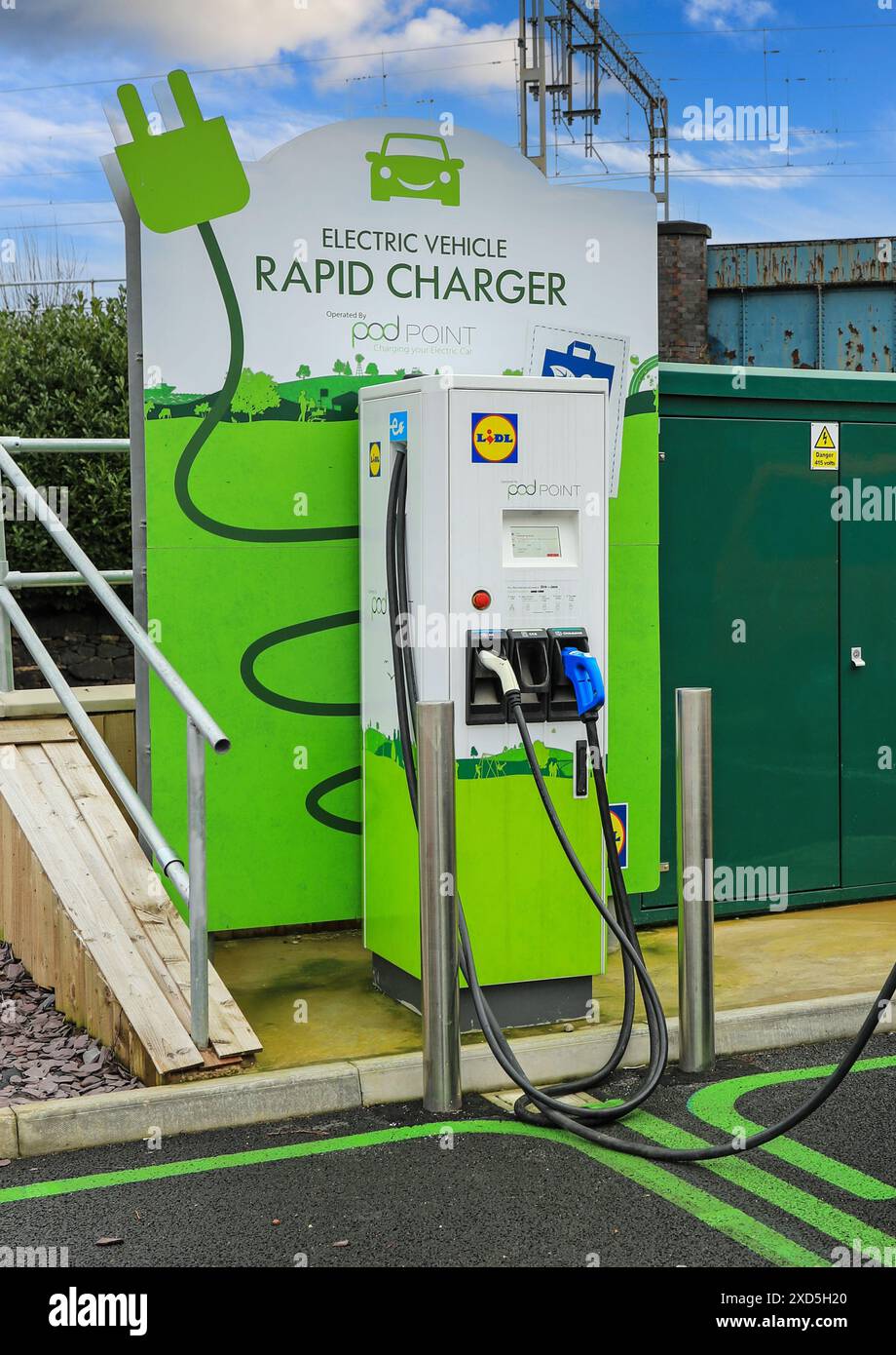 An electric vehicle rapid charging point at a Lidl supermarket ...