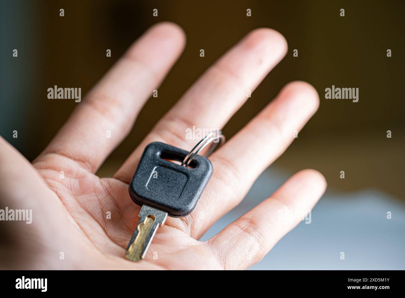 A close-up of a hand holding a car key with a black plastic head Stock ...