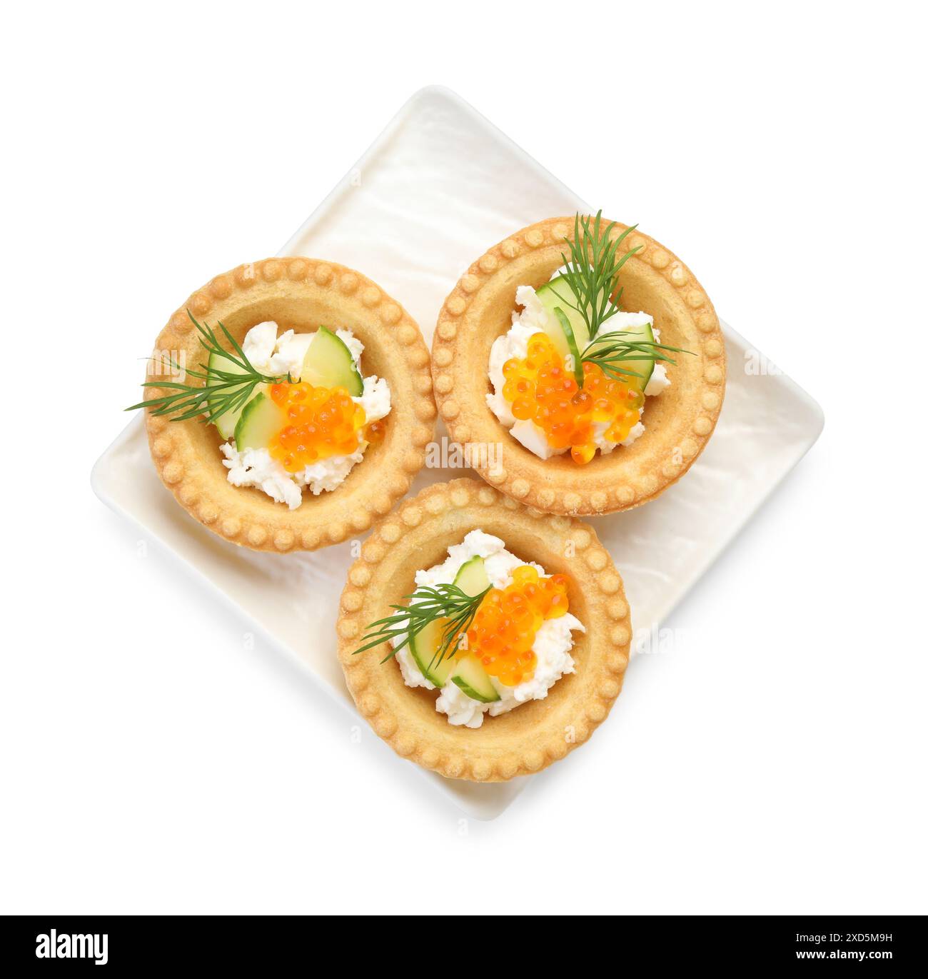 Delicious canapes with red caviar isolated on white, top view Stock ...