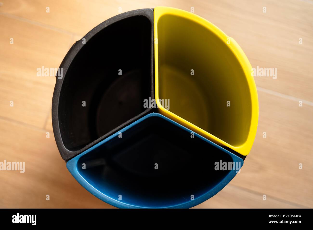 A blue, yellow and black container with three sections. The blue ...
