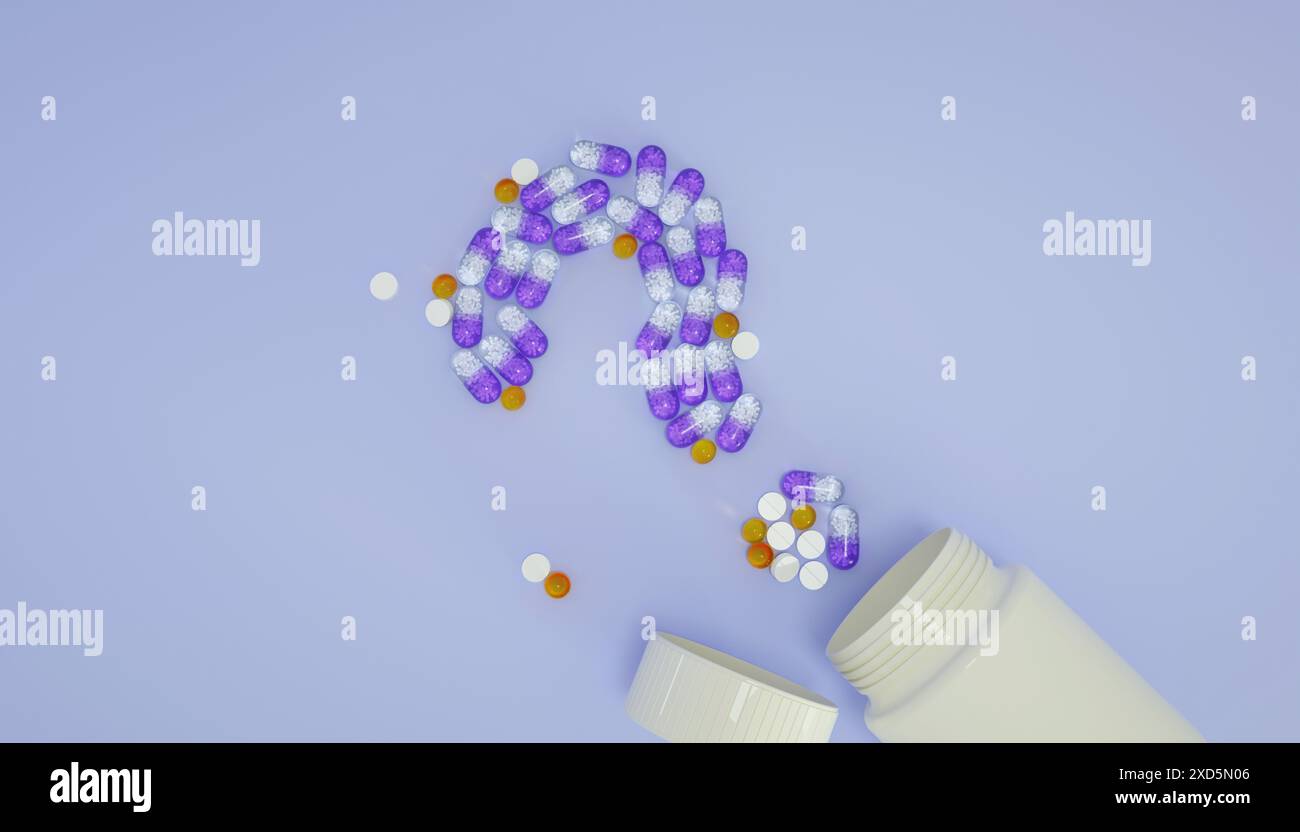 Question mark, medicines on blue background. Antibiotics. First aid ...