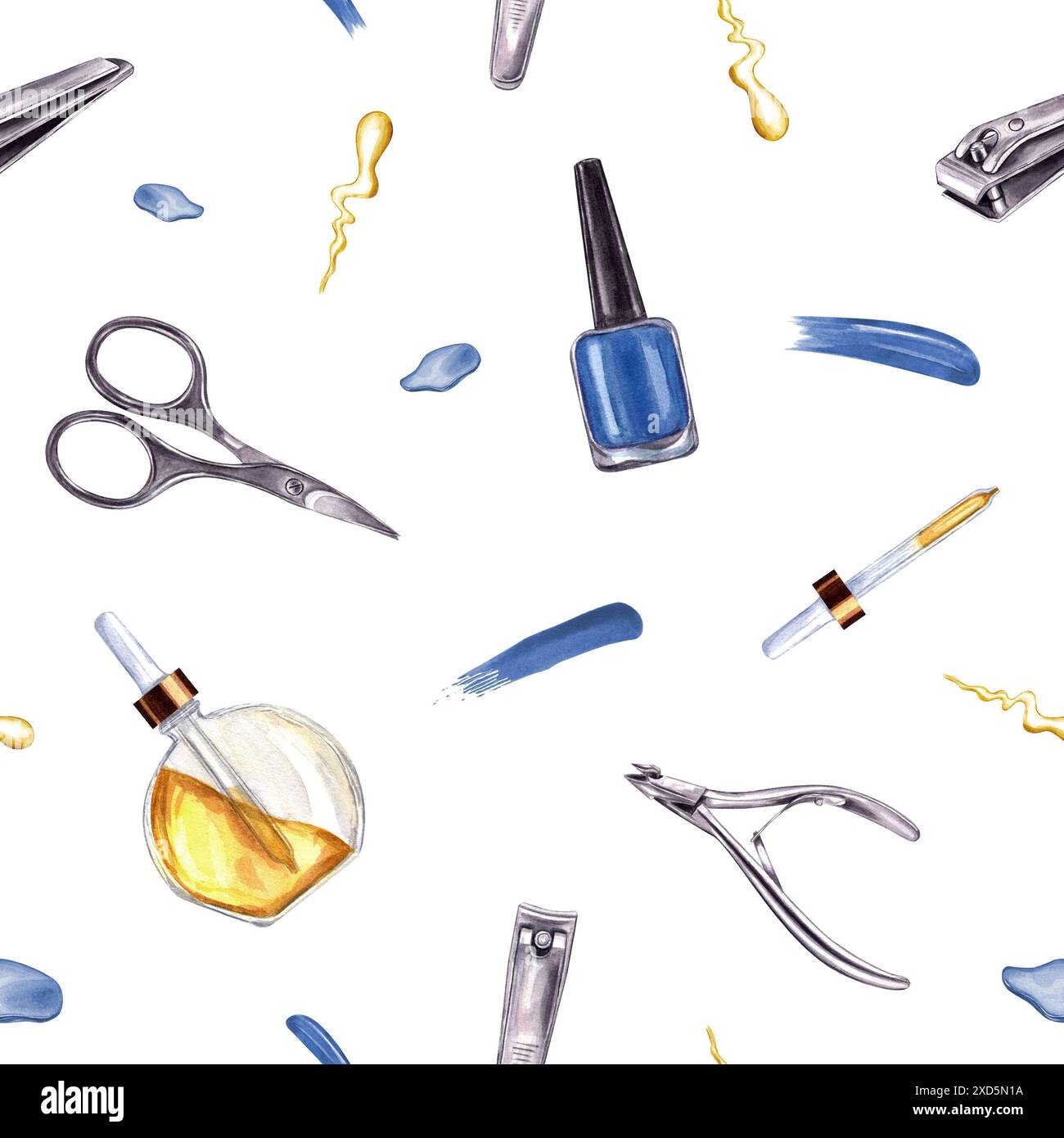 Seamless pattern featuring manicure and pedicure tools in blue and gold ...