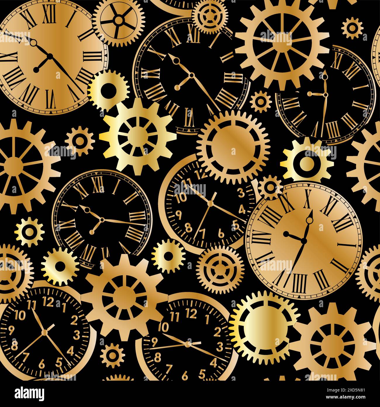 Gold metallic mechanical gears and clocks seamless pattern on black ...
