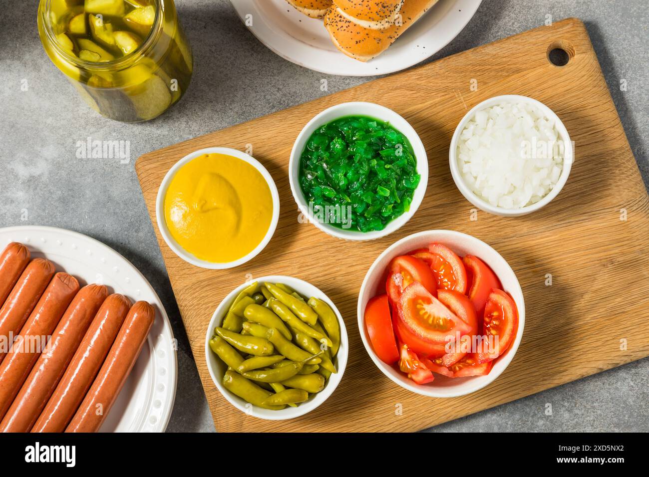 Chicago Style Hot Dog Ingredients with Mustard Relish Tomato and ...