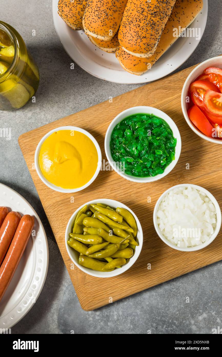 Chicago Style Hot Dog Ingredients with Mustard Relish Tomato and ...