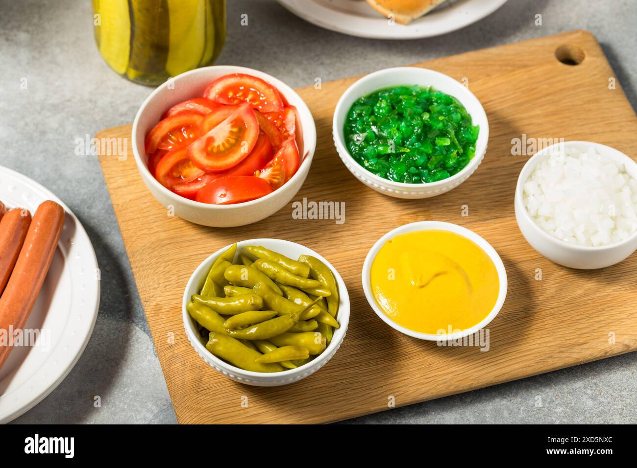 Chicago Style Hot Dog Ingredients with Mustard Relish Tomato and ...