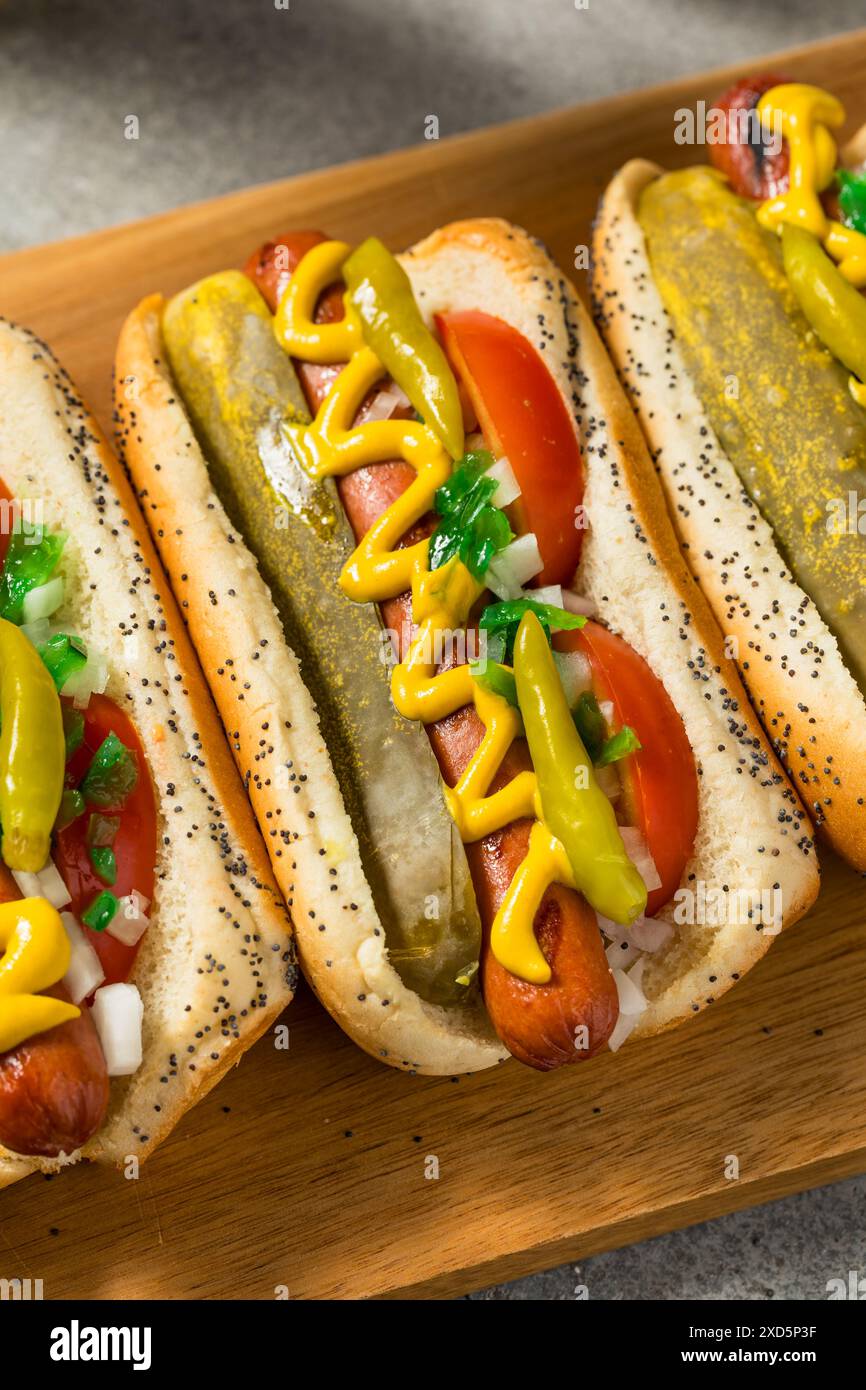 Chicago Style Hot Dogs with Mustard Relish and Sport Peppers Stock ...