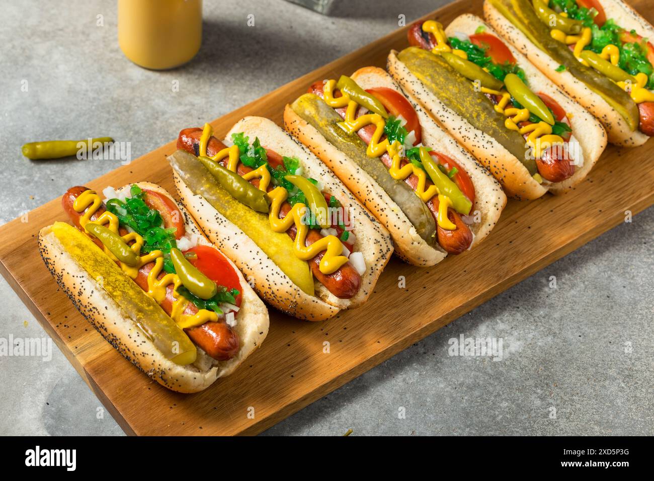 Chicago Style Hot Dogs with Mustard Relish and Sport Peppers Stock ...
