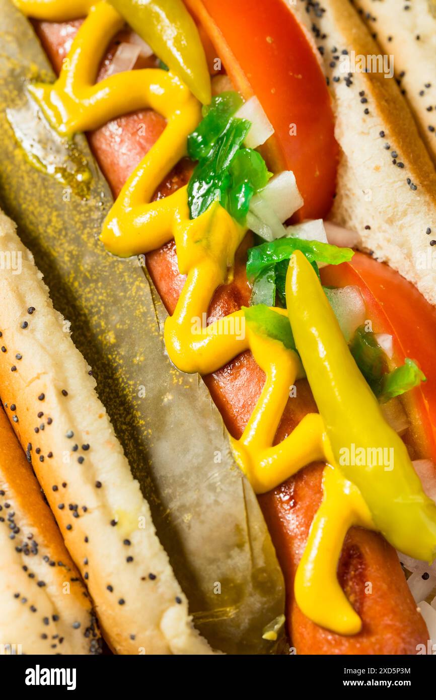 Chicago Style Hot Dogs with Mustard Relish and Sport Peppers Stock ...