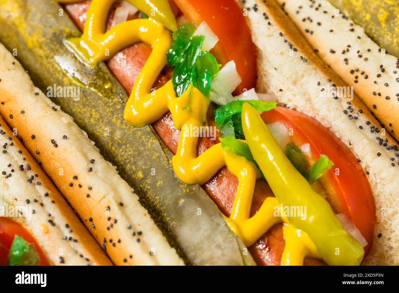 Chicago Style Hot Dogs with Mustard Relish and Sport Peppers Stock ...