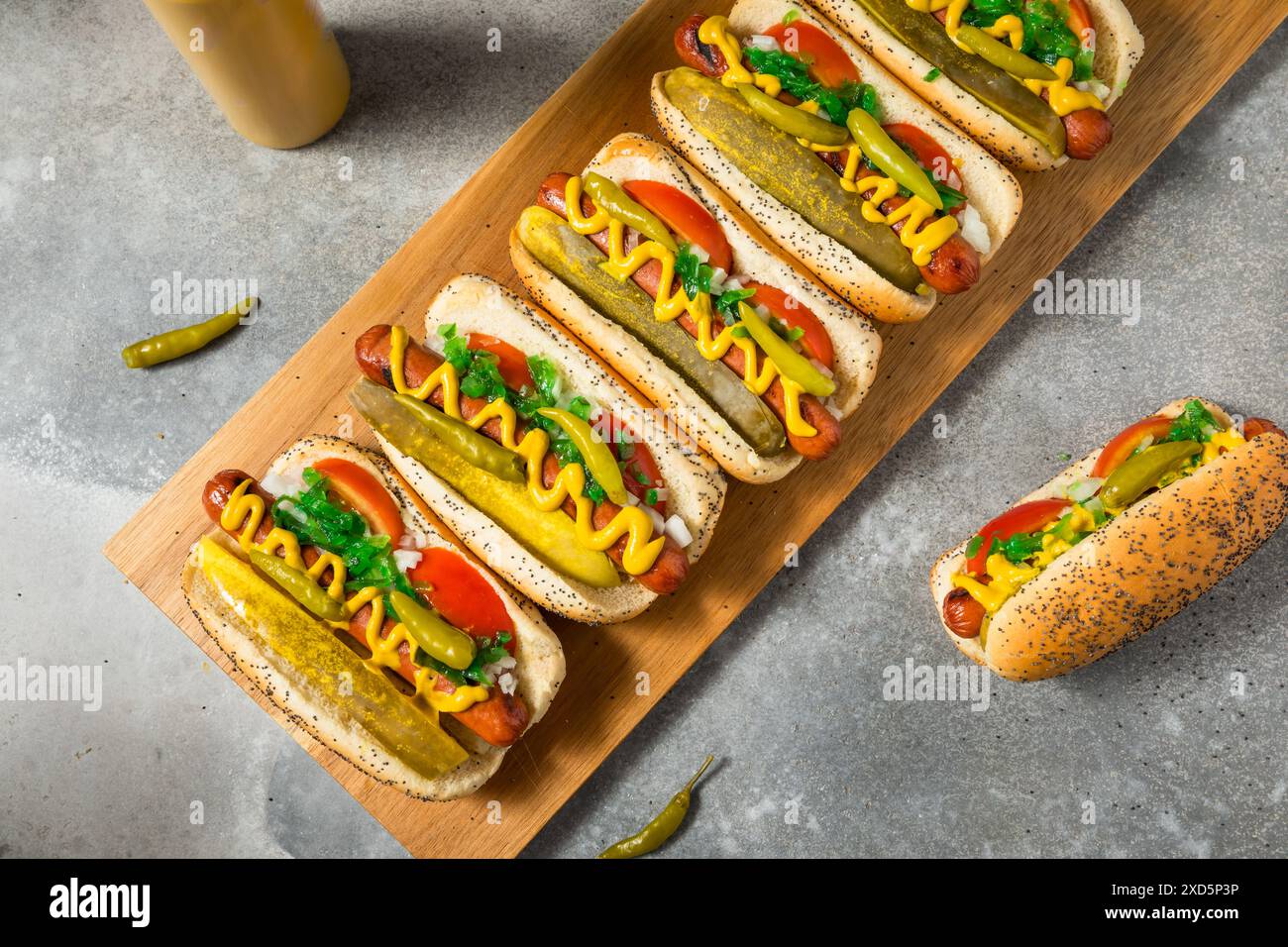 Chicago Style Hot Dogs with Mustard Relish and Sport Peppers Stock ...