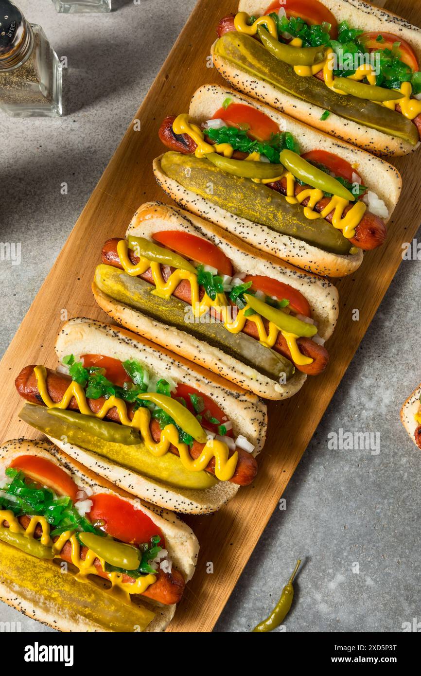 Chicago Style Hot Dogs with Mustard Relish and Sport Peppers Stock ...