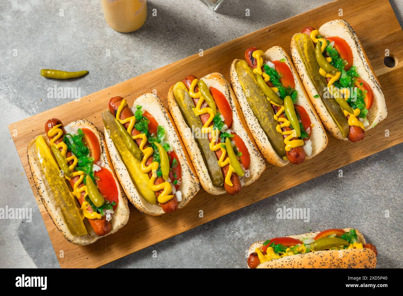 Chicago Style Hot Dogs with Mustard Relish and Sport Peppers Stock ...