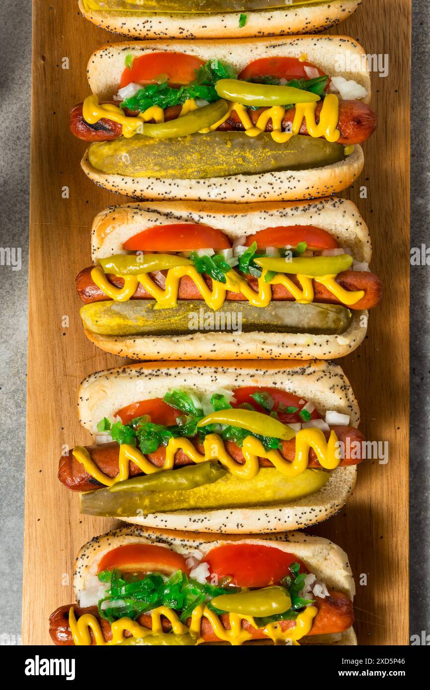 Chicago Style Hot Dogs with Mustard Relish and Sport Peppers Stock ...