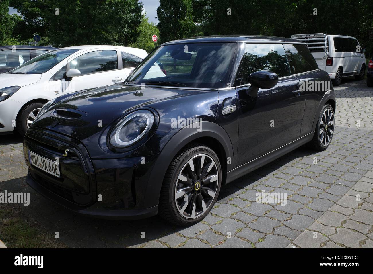 Nordhorn, Germany - June 9 2024 A parked black all electric mini cooper ...