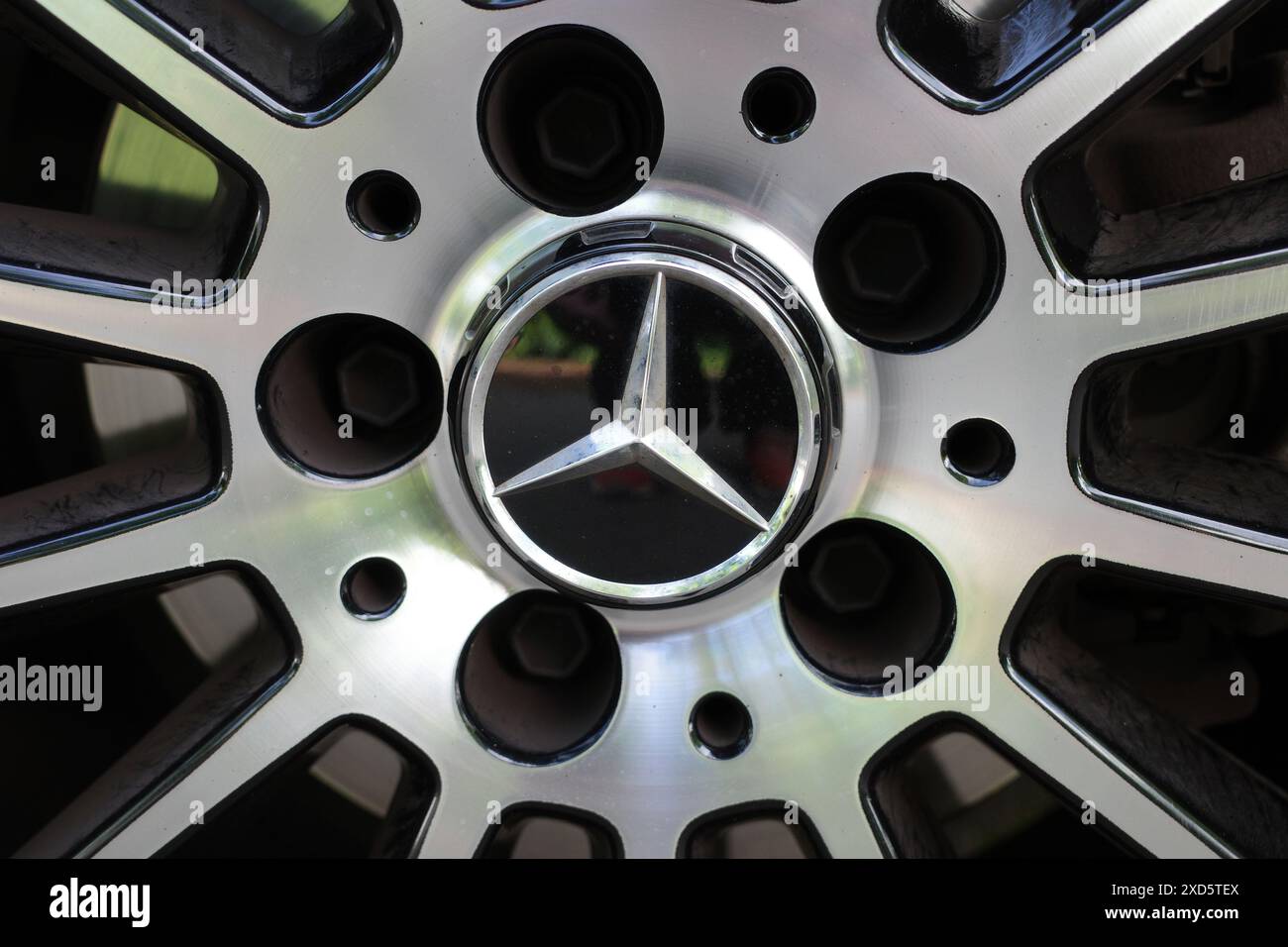 Nordhorn, Germany - June 9 2024 The metal wheel rim of a Mercedes Benz ...