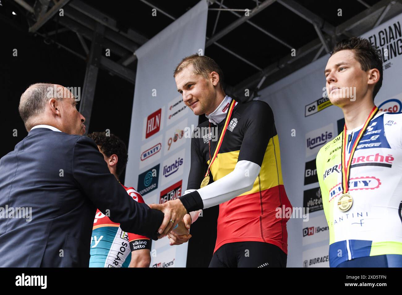 Belgian Tim Wellens of UAE Team Emirates celebrates on the podium of ...