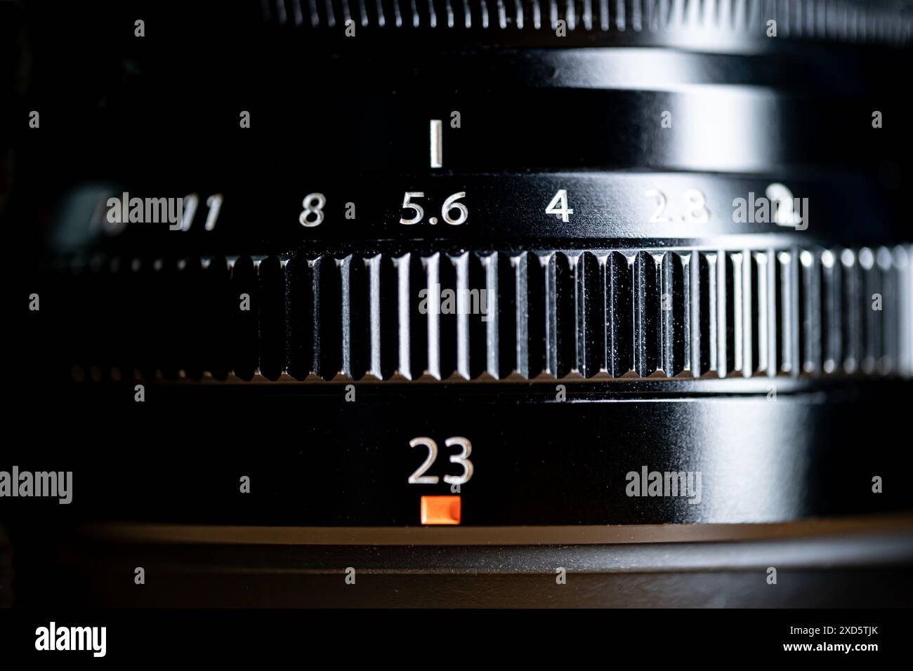 Close-up of a camera lens showing the aperture and focal length ...