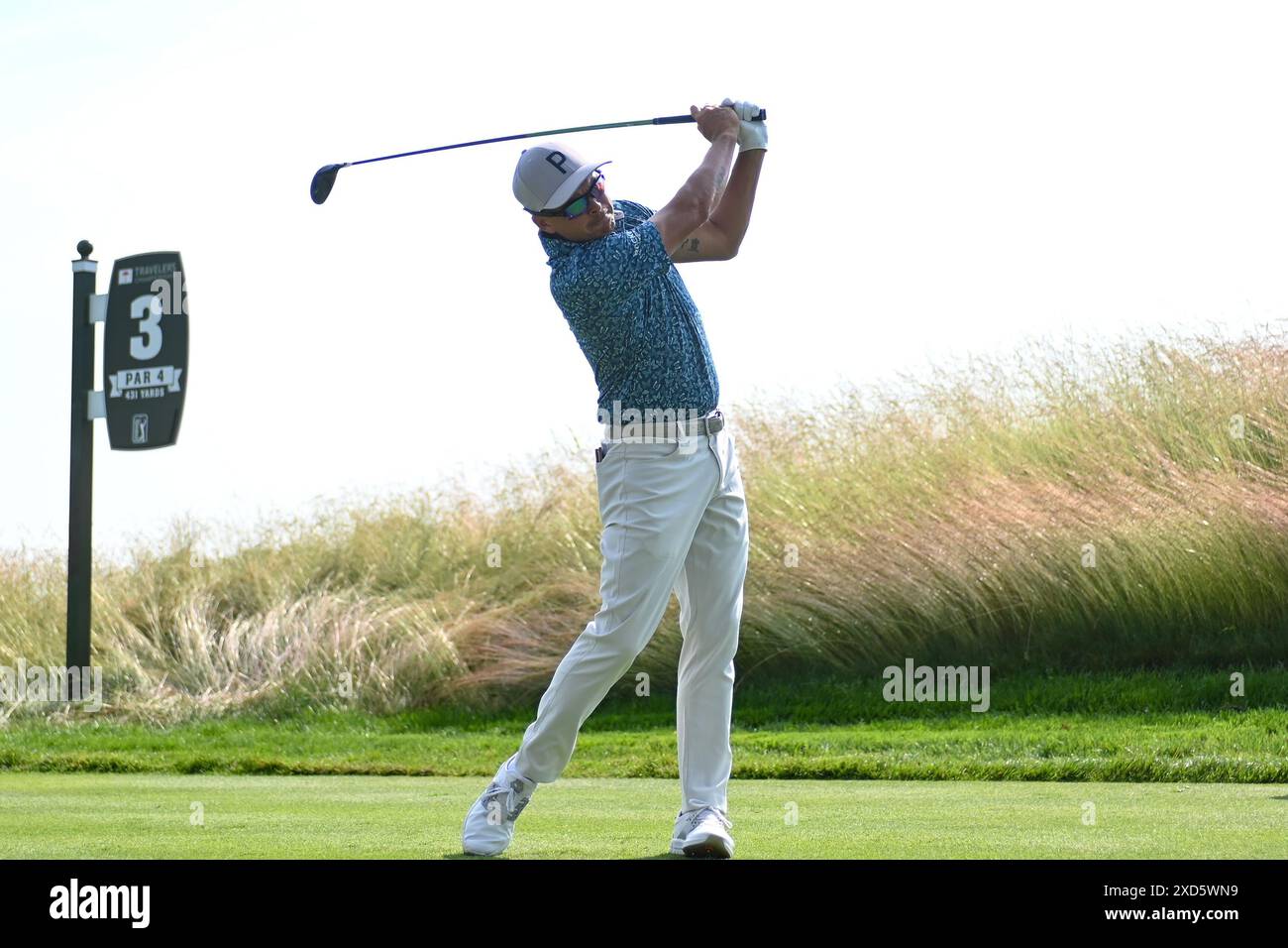 Thursday June 20, 2024: Rickie Fowler watches his tee shot on the third ...