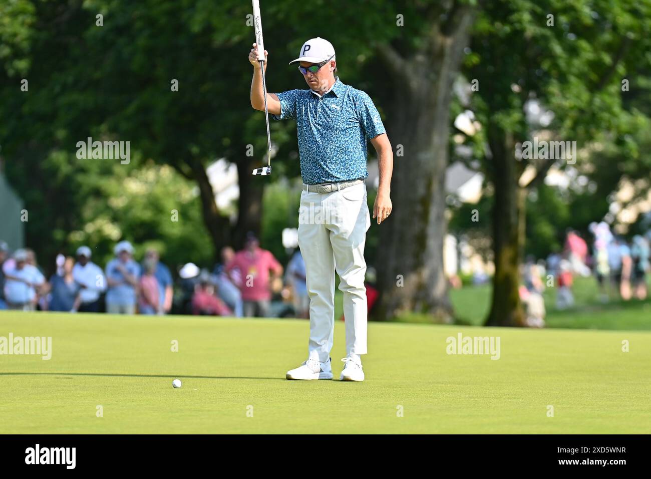 Thursday June 20, 2024: Rickie Fowler lines up a putt on the second ...