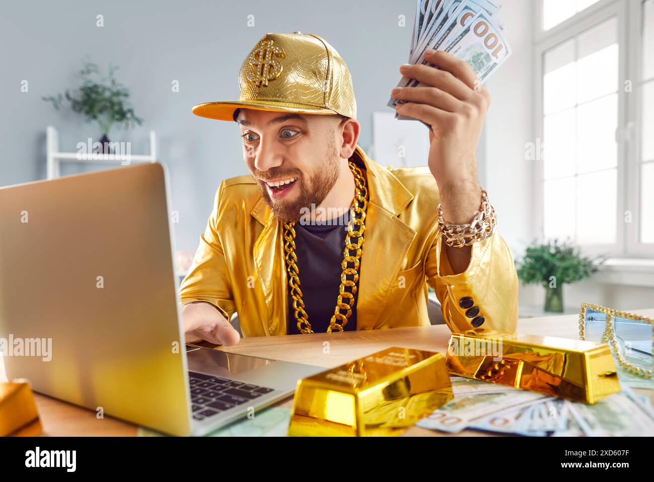 Rich Man Holding Cash Stack, Using Laptop And Celebrating Financial ...