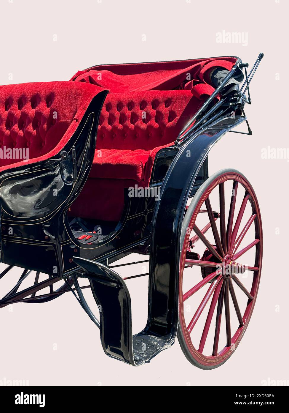 Red upholstered antique carriage with two seats top down & sign removed ...