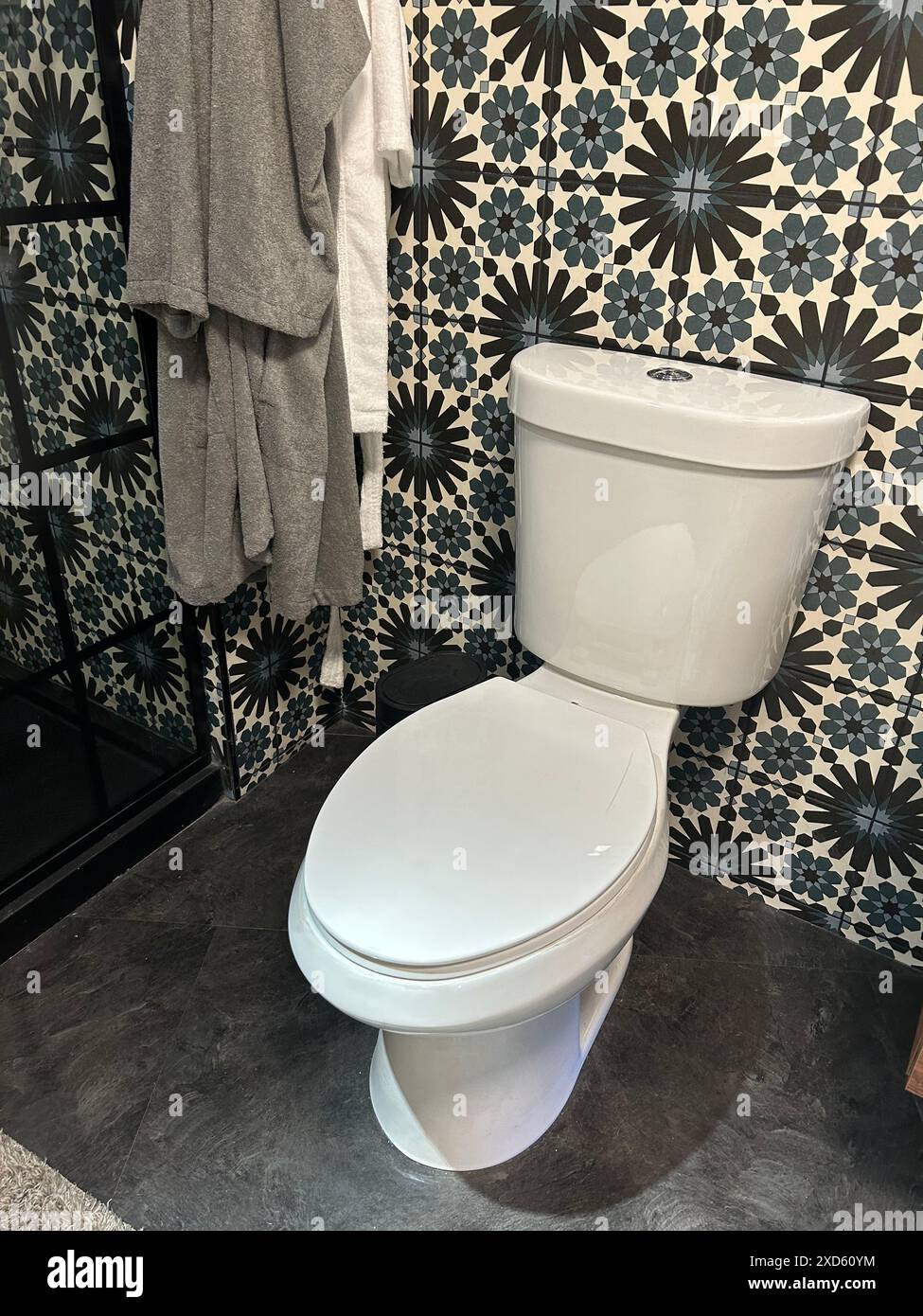 A modern bathroom features a white toilet, patterned tile wall, and ...