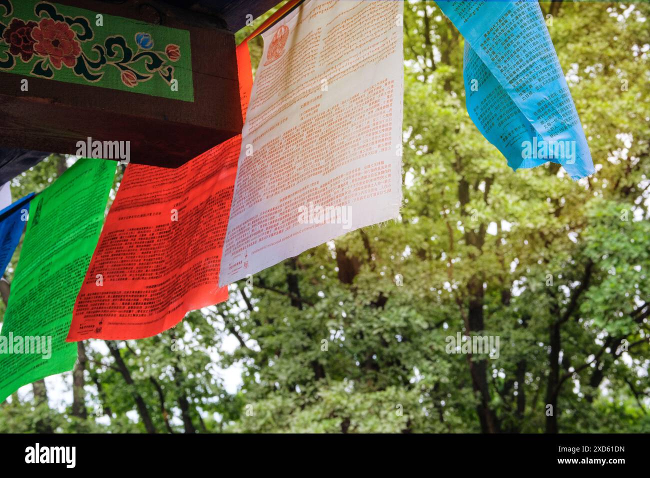 Tibetan prayer flags is flying on wind on background of trees. Sunshine ...