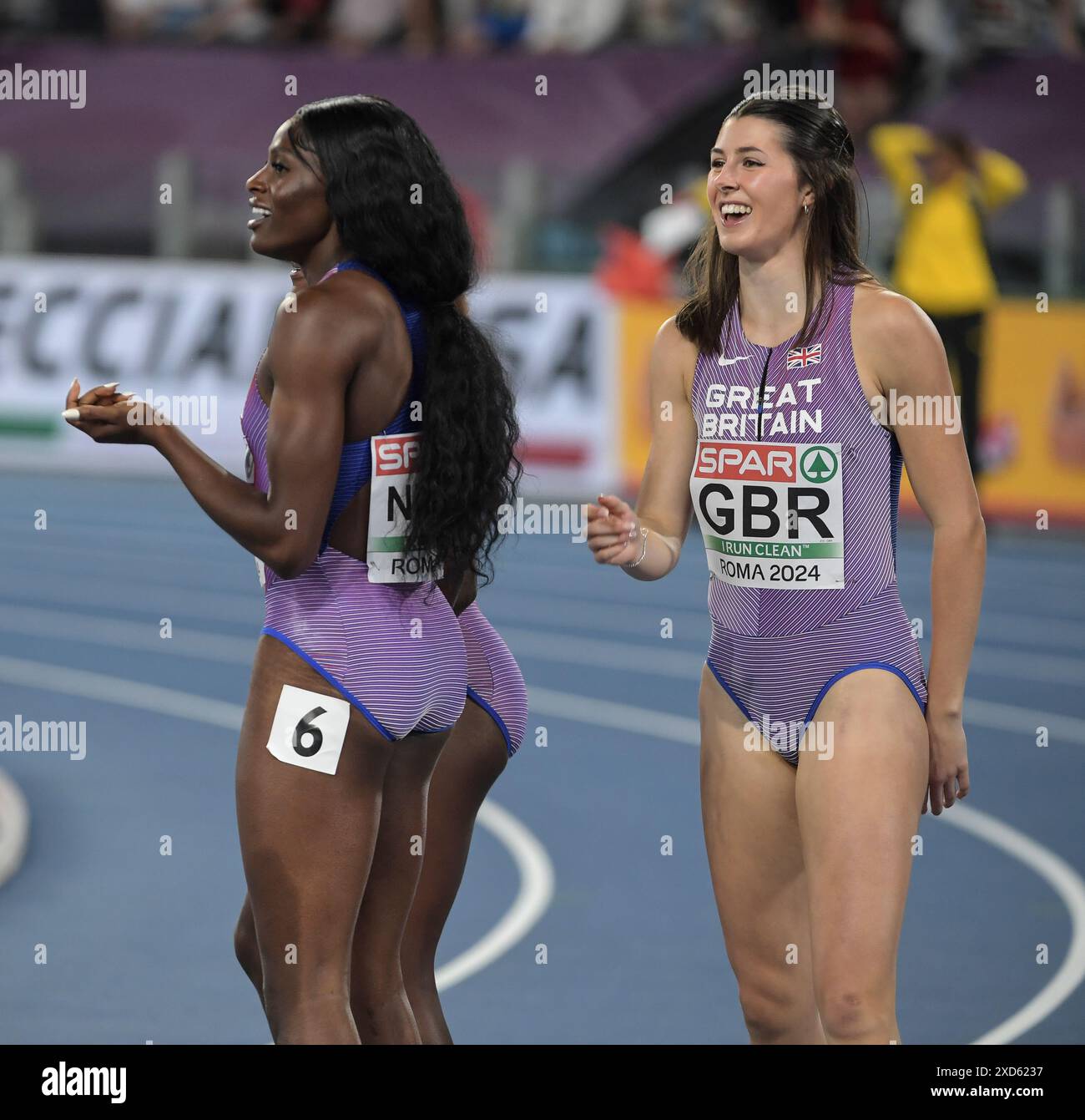 Daryll Neita and Amy Hunt of Greta Britain celebrate after winning the women’s 100m relay final ...