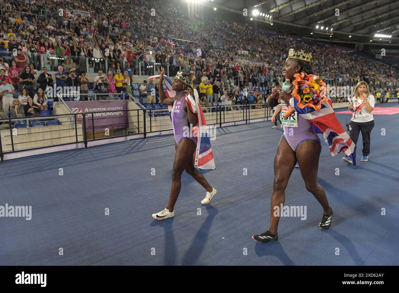 Desiree Henry and Dina Asher-Smith of Great Britain celebrate with fans ...